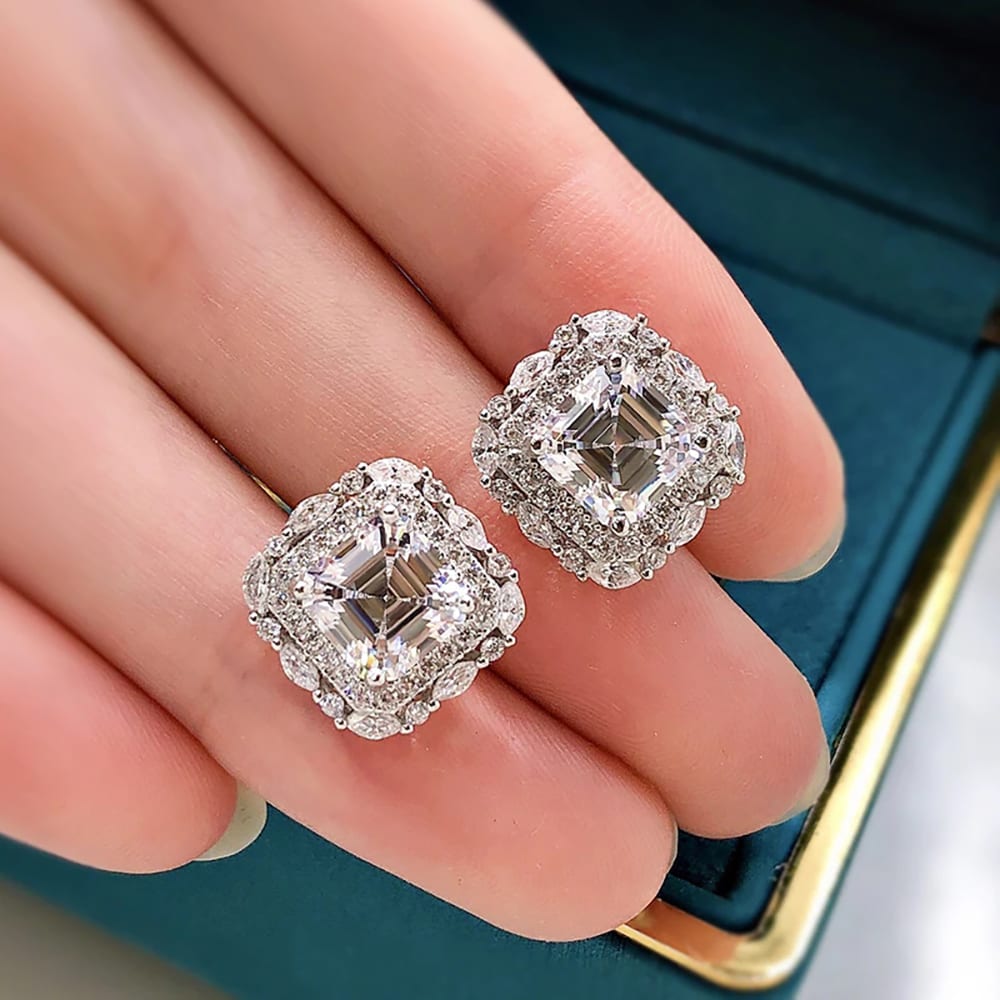 Sleek Diamond White Square Stud Pierced Earrings | Vooglam