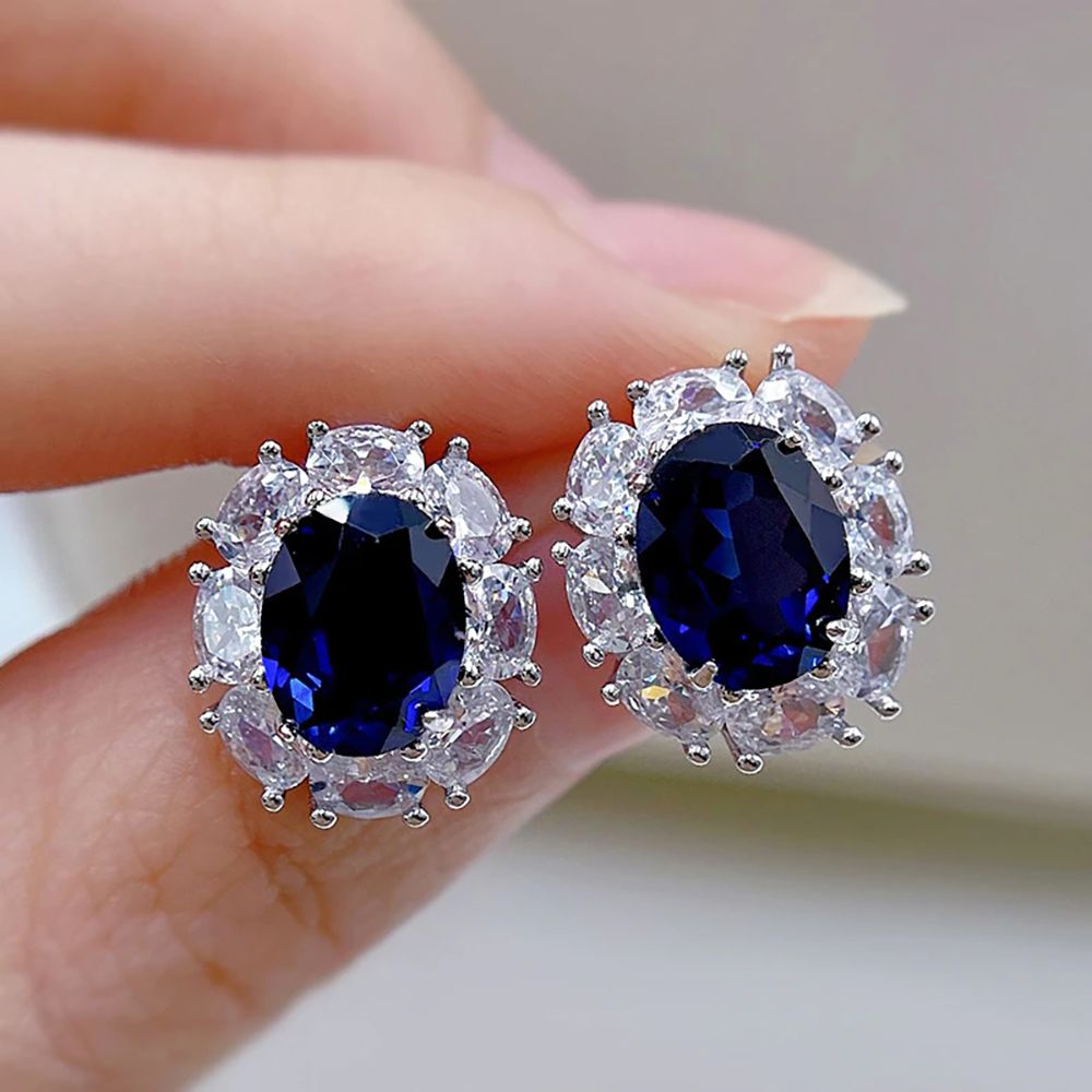 Contemporary Sapphire Blue Oval Pierced Earrings | Vooglam